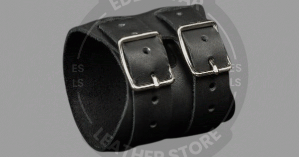 Leather cuff bracelet double buckled, Wide cuff bracelet Black, Black ...